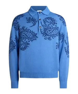 Etro Cotton Jacquard Polo Sweater With Inlays - Blue