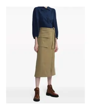 Closed Tie-fastening Cotton Midi Skirt - Brown