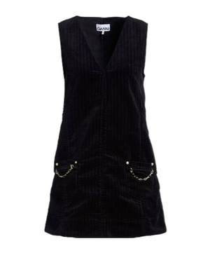 GANNI Corduroy Sleeveless V-neck Dress With Appliqués And Pockets - Black