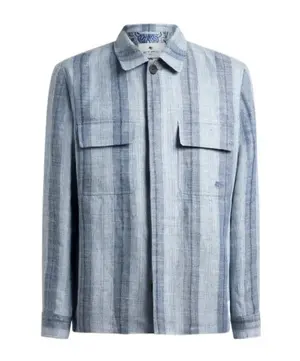 Etro Striped Linen Shacket With Pegaso Embroidery - Gray