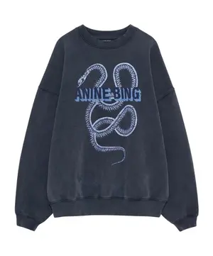 ANINE BING Crew Neck Long Sleeve Graphic Sweatshirt - Washed Black