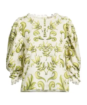 Farm Rio Floral Print Three-quarter Sleeve Top - White