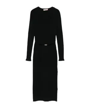 TWINSET Ribbed Knit Belted Midi Dress - Black