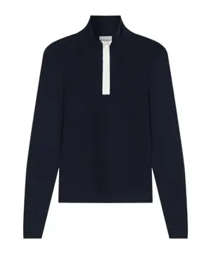 Closed Ribbed Knit Half-zip Long Sleeve Sweater - Dark Blue