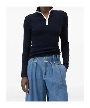 Closed Ribbed Knit Half-zip Long Sleeve Sweater - Dark Blue
