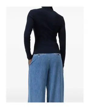 Closed Ribbed Knit Half-zip Long Sleeve Sweater - Dark Blue