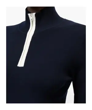 Closed Ribbed Knit Half-zip Long Sleeve Sweater - Dark Blue