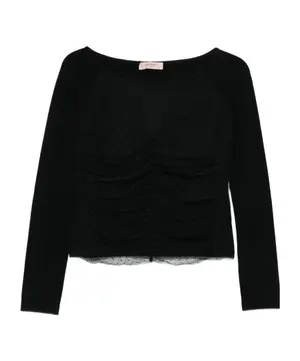 TWINSET Ruched Polka Dot Blouse With Lace Trim
