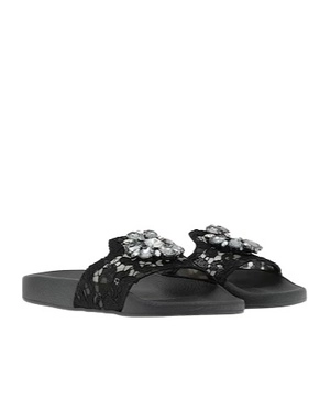 Dolce & Gabbana Two-tone Lace Slides With Crystal Embellishments