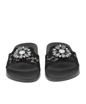 Dolce & Gabbana Two-tone Lace Slides With Crystal Embellishments