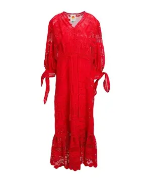 Farm Rio Long Sleeve V-neck Lace Maxi Dress With Belt
