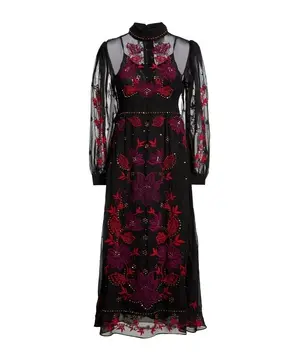 Farm Rio Embroidered Floral Maxi Dress With Metallic Accents