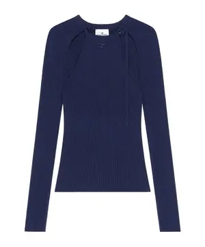 COURREGES Ribbed-knit Cut-out T-shirt - Work Blue