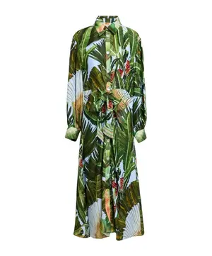 Farm Rio Long Sleeve Floral Printed Shirt Dress - Green