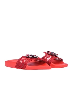 Dolce & Gabbana Embellished Lace Slides - Red