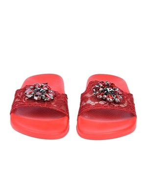 Dolce & Gabbana Embellished Lace Slides - Red