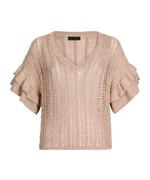 Liu Jo V-neck Knit T-shirt With Ruffled Sleeves - Caramel