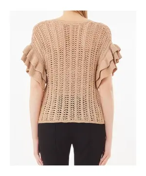 Liu Jo V-neck Knit T-shirt With Ruffled Sleeves - Caramel