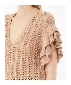 Liu Jo V-neck Knit T-shirt With Ruffled Sleeves - Caramel