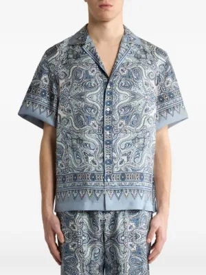 Etro Silk Bowling Shirt With Placed Pocket-square Paisley Print - Gray