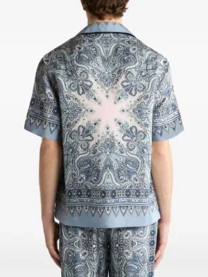 Etro Silk Bowling Shirt With Placed Pocket-square Paisley Print - Gray