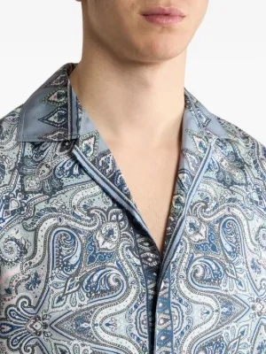 Etro Silk Bowling Shirt With Placed Pocket-square Paisley Print - Gray