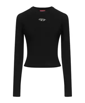 DIESEL® Ribbed Long Sleeve Top With Logo Detail - Black