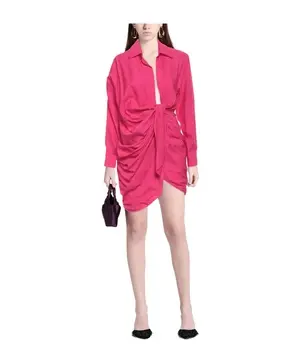 Jacquemus Plain Colour Long Sleeve Gathered Dress - Rose Red