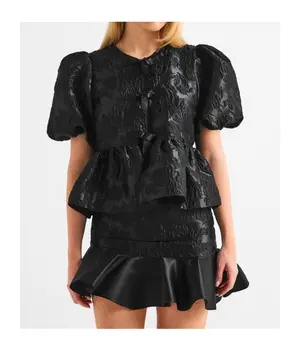 GANNI Textured Puff Sleeve Peplum Top