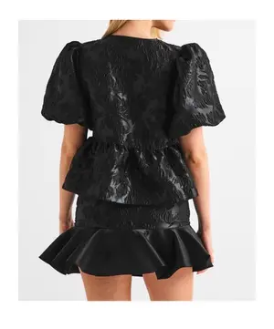 GANNI Textured Puff Sleeve Peplum Top