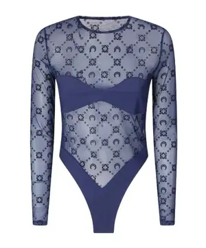 MARINE SERRE Moonogram Flock-print Mesh Bodysuit - Blue