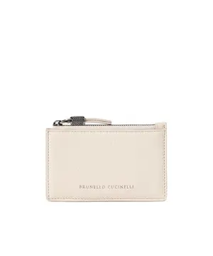 Brunello Cucinelli Grained Leather Card Case With Shiny Zipper Pull - Ivory