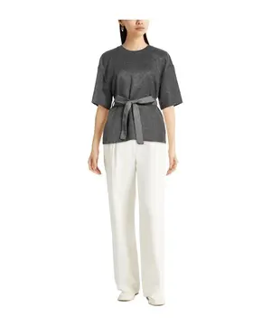 Brunello Cucinelli Wool Crewneck Short Sleeve Belted Top