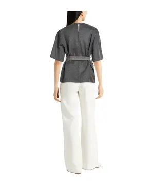 Brunello Cucinelli Wool Crewneck Short Sleeve Belted Top