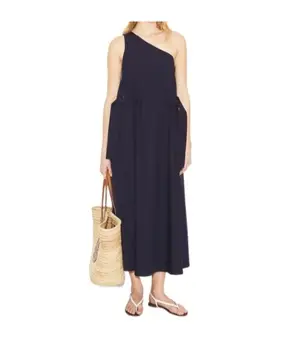 Tory Burch One-shoulder Belted Cotton Dress - Medium Navy
