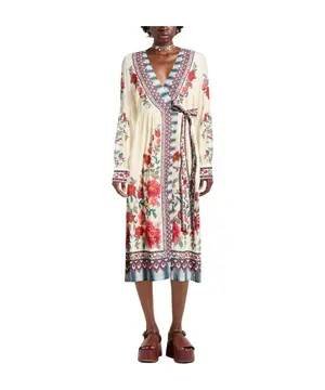 Farm Rio Floral Print Long Sleeve Wrap Dress