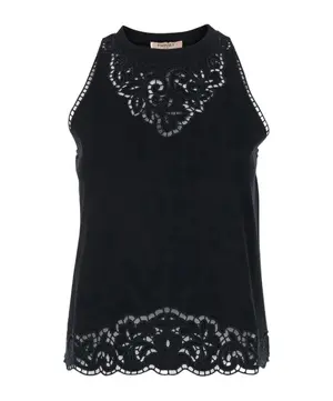 TWINSET Sleeveless Halter Neck Top With Cutwork Lace Trim - Black
