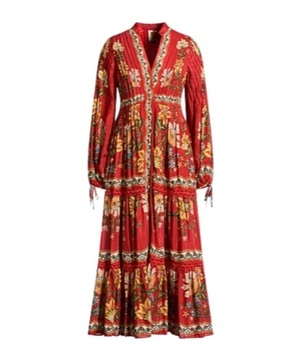 Farm Rio Flared Floral Print Satin Lace Maxi Dress - Red