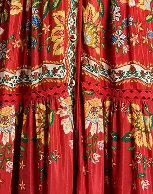 Farm Rio Flared Floral Print Satin Lace Maxi Dress