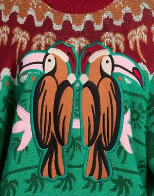 Farm Rio Jacquard-knit Crewneck Pullover With Tropical Print And Embroidered Toucans