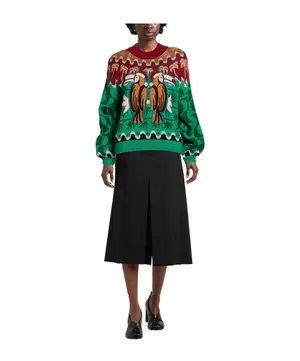 Farm Rio Jacquard-knit Crewneck Pullover With Tropical Print And Embroidered Toucans