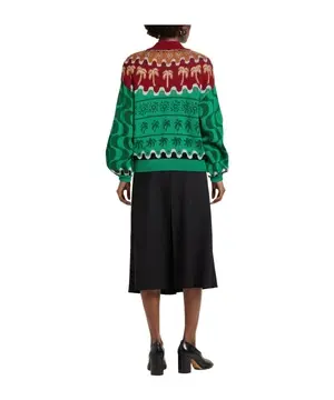 Farm Rio Jacquard-knit Crewneck Pullover With Tropical Print And Embroidered Toucans