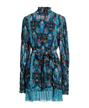 Farm Rio Floral Print High Neck Belted Dress - Blue