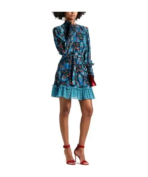 Farm Rio Floral Print High Neck Belted Dress - Blue