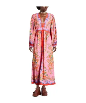 Farm Rio Floral Print Puff Sleeve Flared Maxi Dress