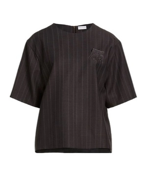 Brunello Cucinelli Pinstriped Wool Short Sleeve Top