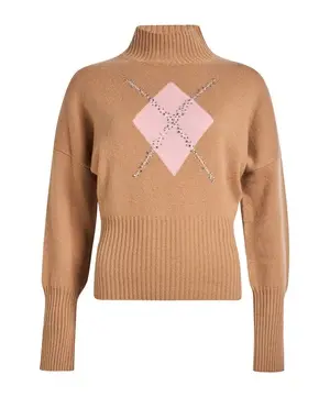 Max Mara Two-tone Wool Intarsia-knit Turtleneck With Crystal Embellishments
