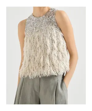 Brunello Cucinelli Sequin And Feather Embellished Sleeveless Top - Nude