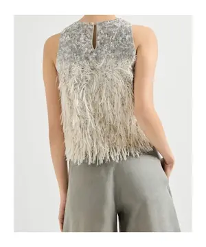 Brunello Cucinelli Sequin And Feather Embellished Sleeveless Top - Nude