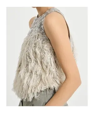 Brunello Cucinelli Sequin And Feather Embellished Sleeveless Top - Nude